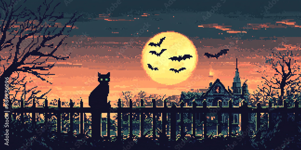 8-bit pixel art black cat on a fence with a spooky mansion and bats ...