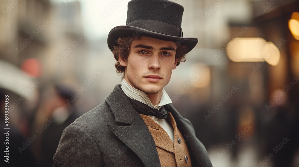 portrait of a young man in 19th century britain standing on a city ...