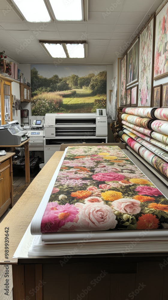 Large format printer in a print shop with rolls of printed wallpaper ...