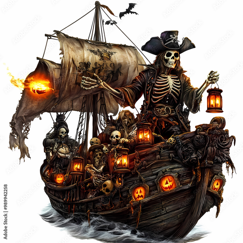 spooky pirate ship filled with skeletons and lanterns, sailing through ...