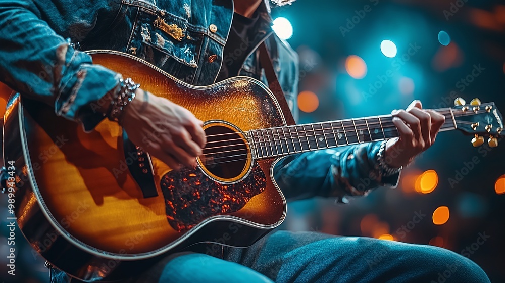 guitarist strumming an acoustic guitar in a live stage performance ...
