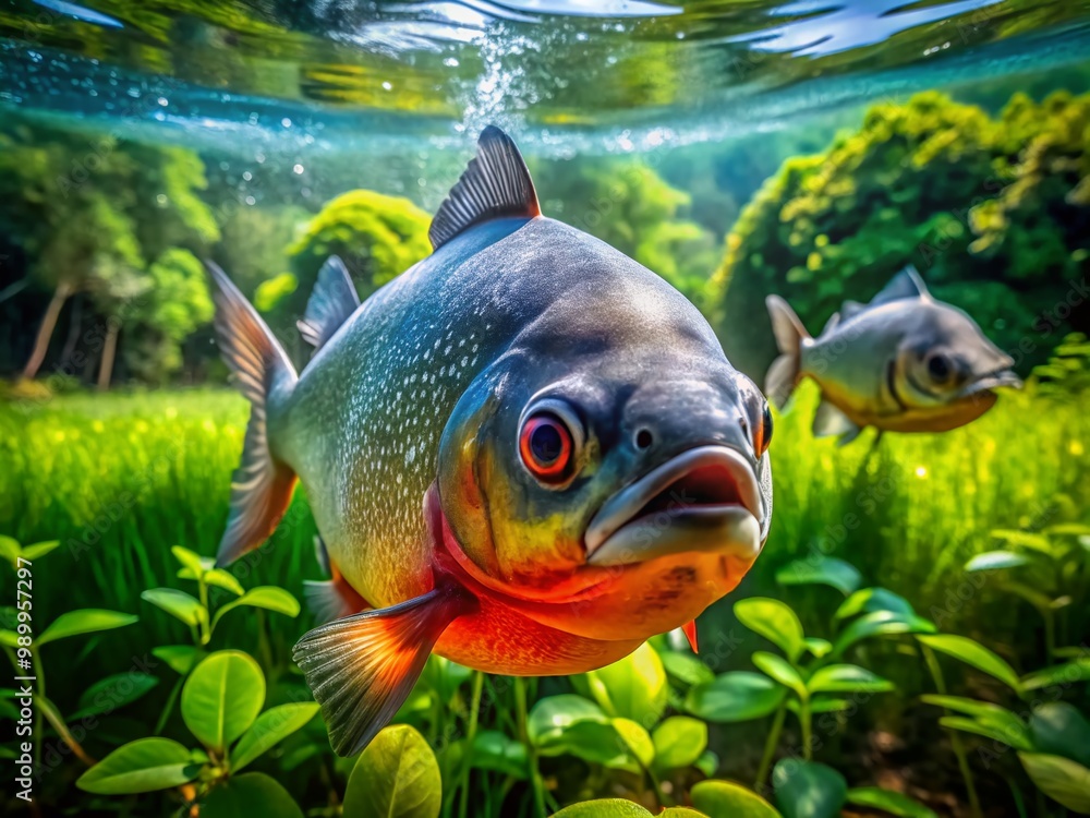 Piranha Fish Swimming in the Amazon River Amidst Lush Greenery and ...