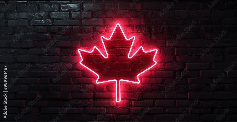 3d render of red neon light sign with Canada flag on dark brick wall ...