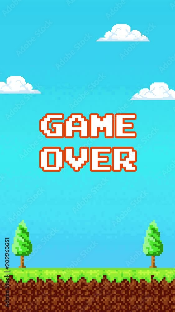 "Game Over" Vertical Pixel Animation with sky, clouds, tree, and grass ...