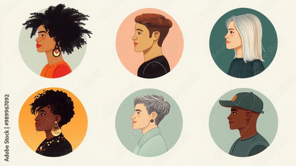 a series of avatar illustrations in circular frames, representing ...