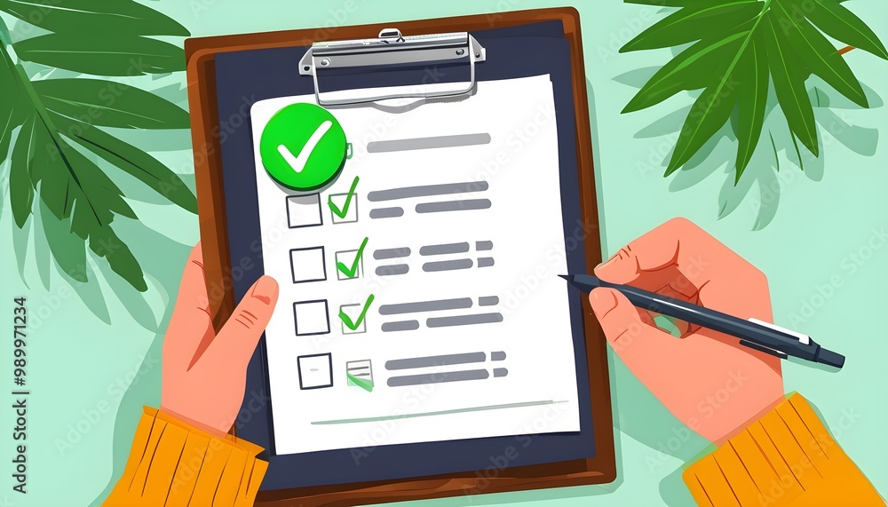 Hands organizing a checklist with green check marks and pen for surveys ...