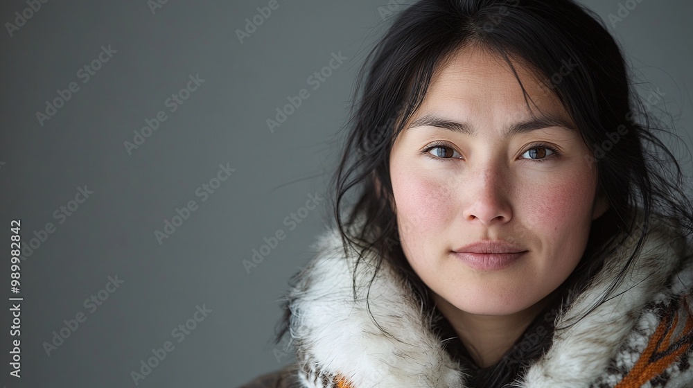 elegant portrait of a young inuit woman, 30 years old, with black hair ...