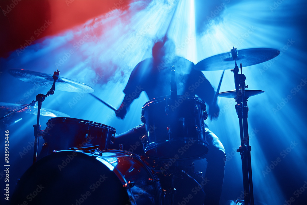 Rock concert drum solo with the drummer illuminated by spotlights ...