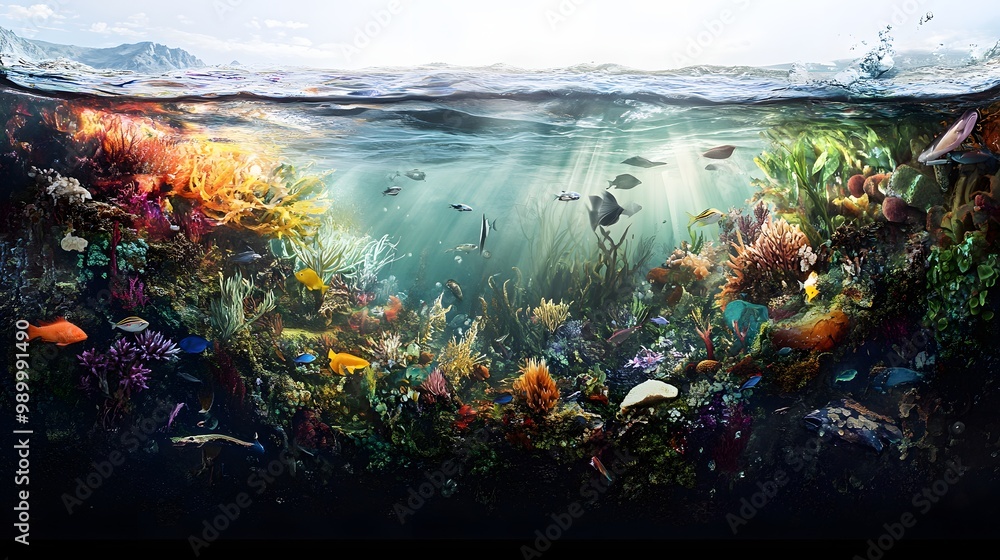 1. A detailed cross-section of a body of water, showcasing various ...