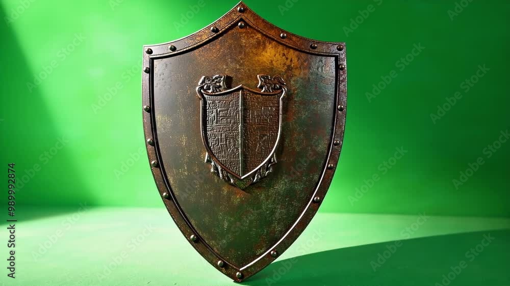 Medieval shield stands on a green screen background with a light source ...