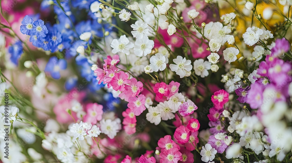 A close-up of gypsophila flowers being used as a filler in a colorful ...