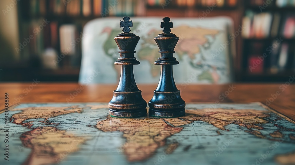 chess pieces on a world map symbolizing geopolitics, representing the ...