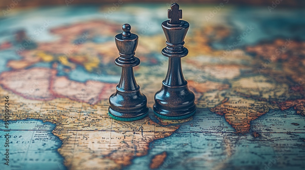 chess pieces on a world map symbolizing geopolitics, representing the ...