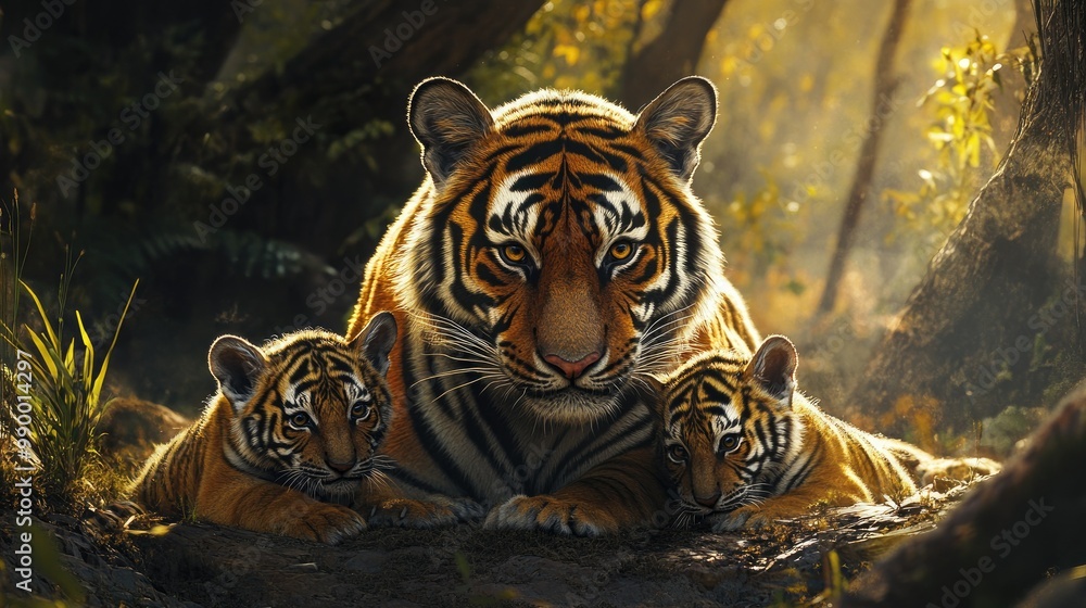 A mother tiger with her cubs in a natural habitat, demonstrating the ...