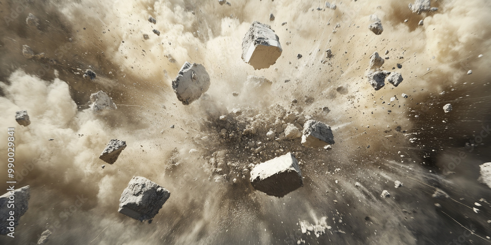 A demolition scene showing chunks of concrete and dust exploding ...