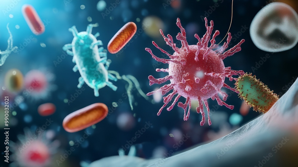 A close-up view of colorful bacteria and viruses, showcasing their ...