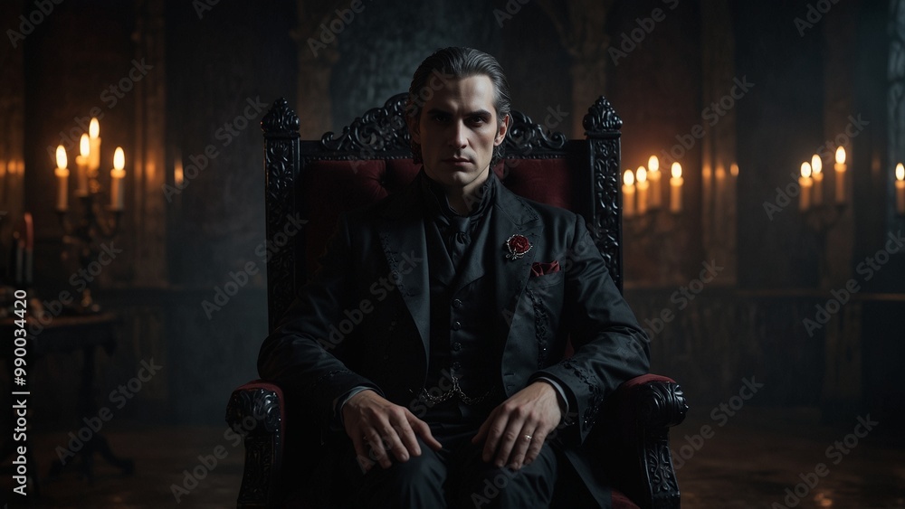 A gothic vampire lord sitting on a throne in a dark, candle-lit chamber ...