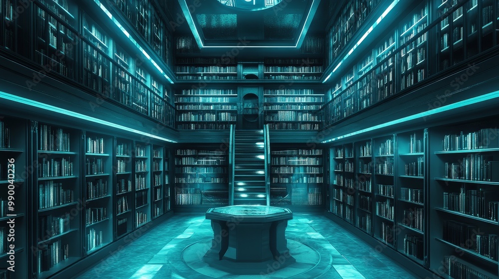 A futuristic legal library with bookshelves illuminated by neon lights ...