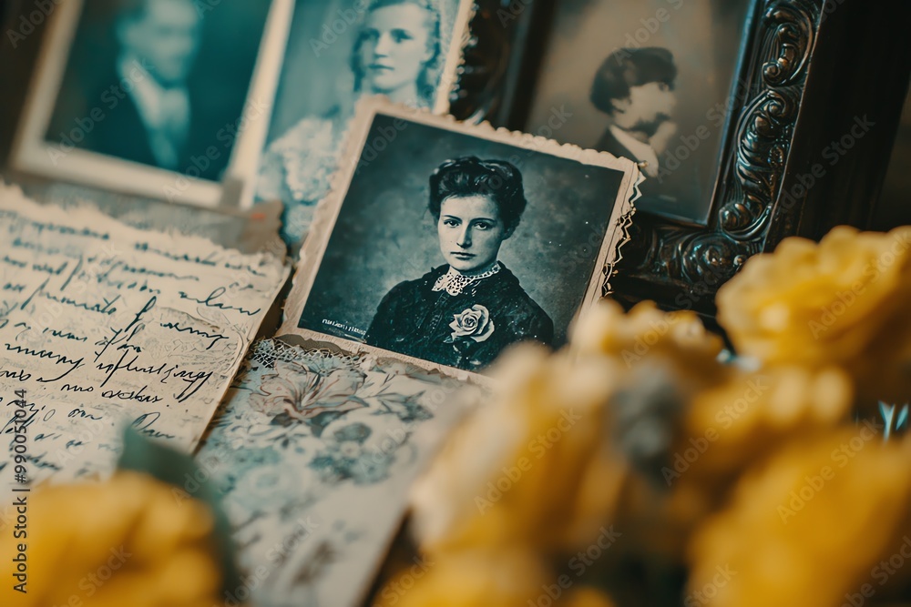 Close-up mockup of handwritten prayer cards and vintage photographs of ...