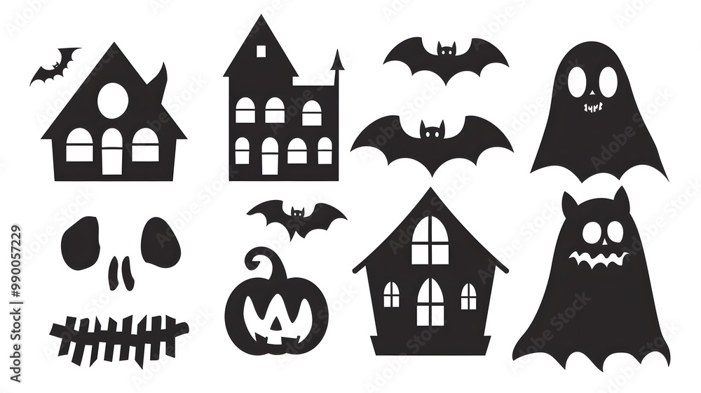 Simple Halloween symbols featuring a classic pumpkin lantern, a flying ...