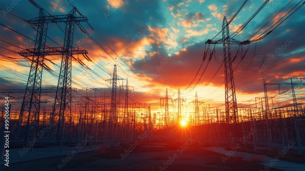 Electrical grid infrastructure illuminated as the sun sets, emphasizing ...