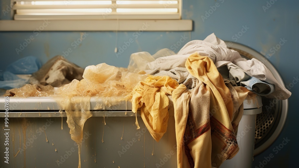 An unappealing pile of wet, musty laundry left in a corner of a laundry ...