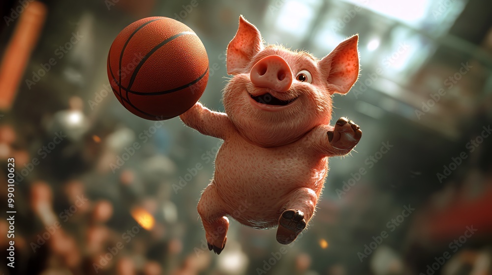 Pig basketball player dunking a ball, soaring through the air, intense ...