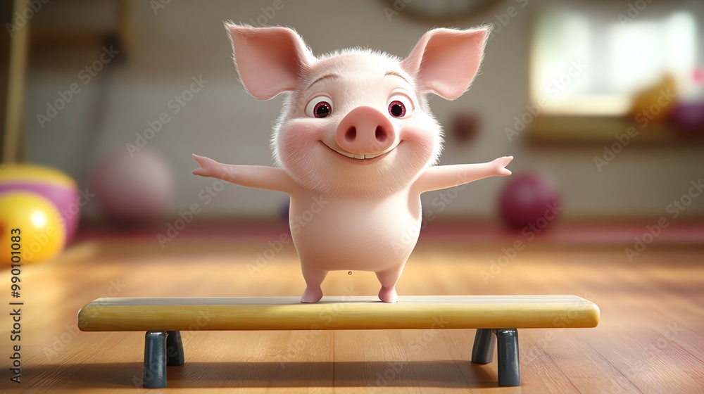 Pig doing gymnastics on a balance beam, elegant pose, wearing a leotard ...