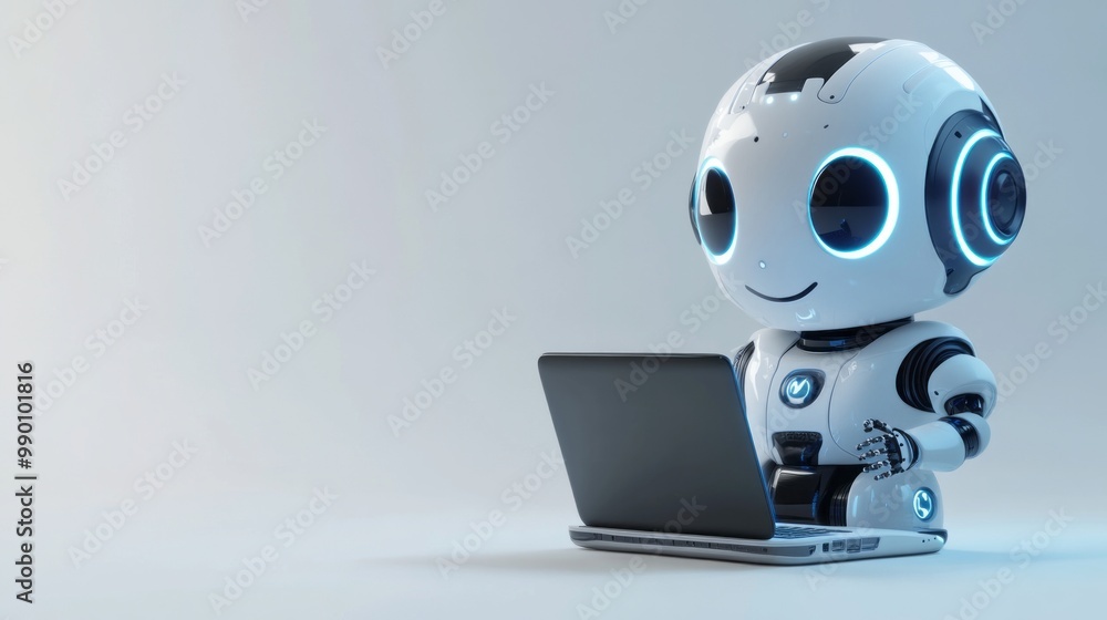 Cute friendly artificial intelligence robot using laptop computer with ...