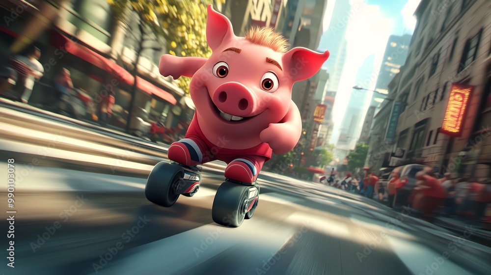 Pig rollerblading in a race, speeding through a city park, dynamic and ...