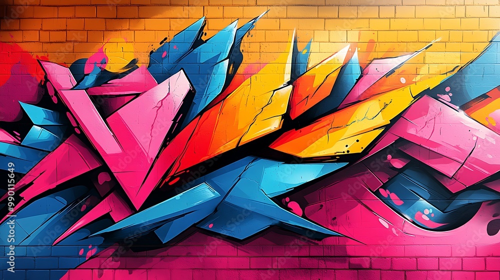 Geometric forms intersected by raw graffiti strokes, bright clashing ...