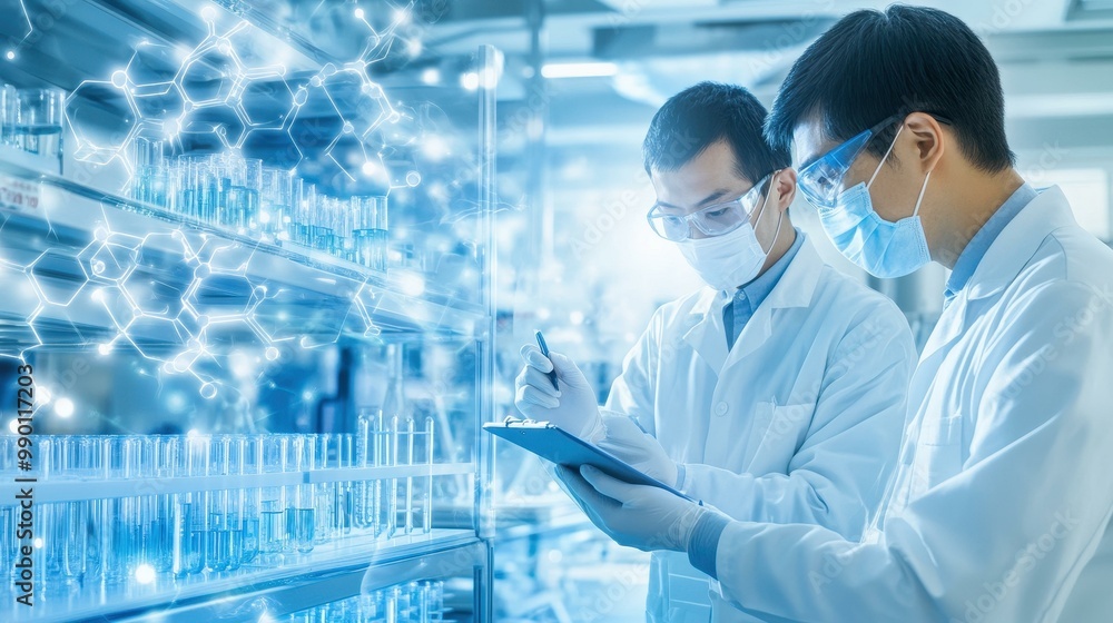 Two Asian male scientists collaborate in a hightech lab, taking notes ...