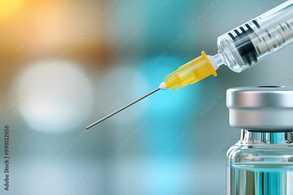 A close-up shot of the syringe being inserted into an overhead vial ...