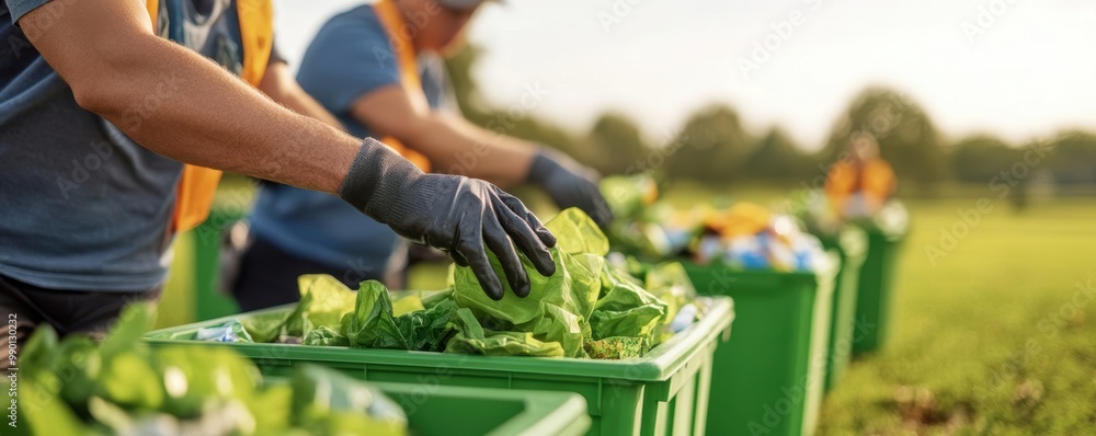 People sorting waste into green recycling bins during a park cleanup ...