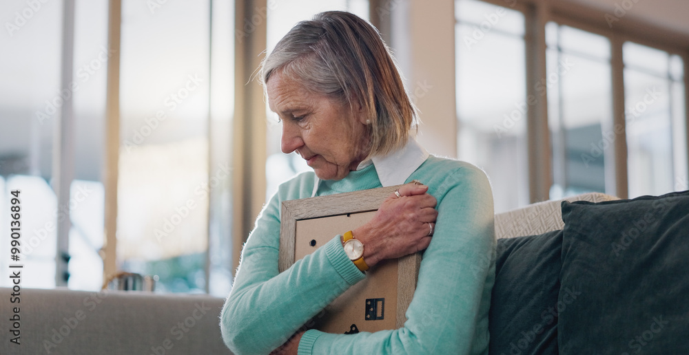 Crying, hug and senior woman with picture frame for mourning, loss or ...