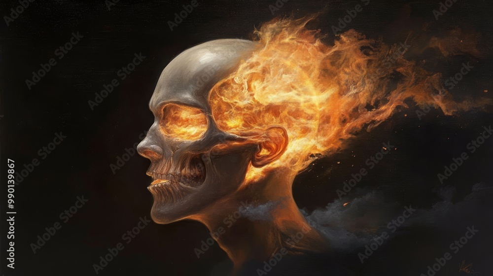 Fiery Portrait of a Mystical Figure in Flames, a skull engulfed in fire ...