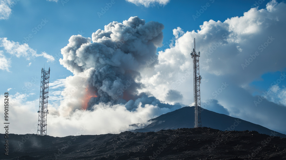 Volcanic eruption with radar signal towers monitoring activity ...