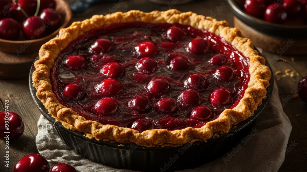 Flavorful red cherry pie with a creamy crust that is covered with delicious American cherries ...