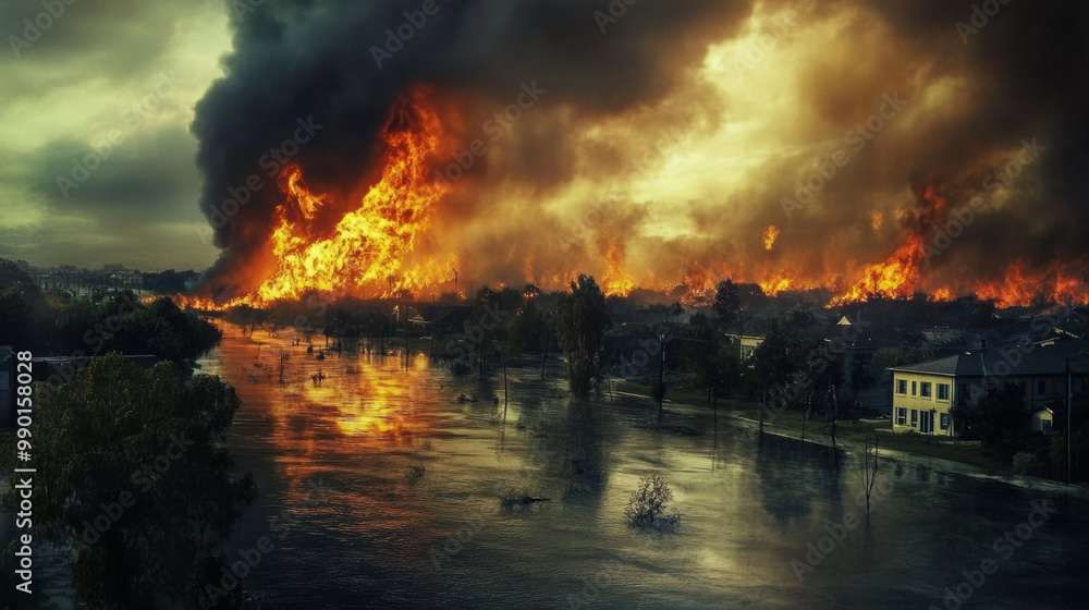 dramatic scene depicting raging fire engulfing landscape, with dark smoke billowing into sky ...
