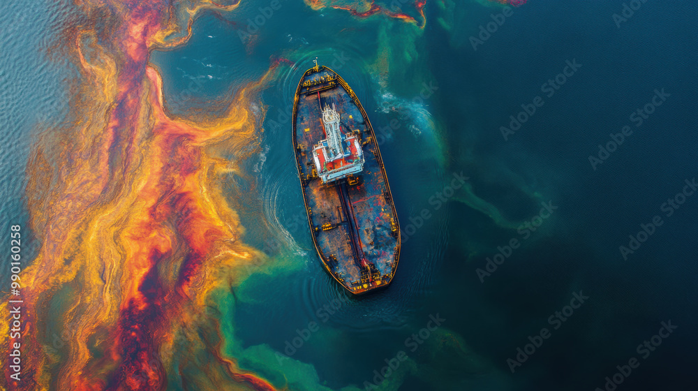 aerial view of large ship navigating through vibrant oil spill colors ...