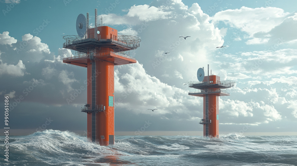 image features two tall signal towers equipped with radar technology ...