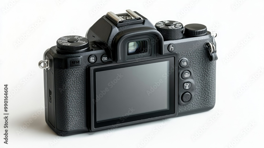 Black mirrorless camera isolated on white, side view with focus on ...