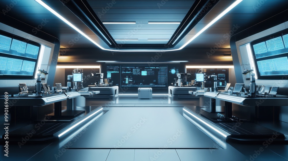 Futuristic control room with multiple computer stations and high-tech ...