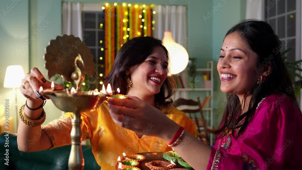 Two beautiful Indian women in traditional bright clothes and jewellery ...