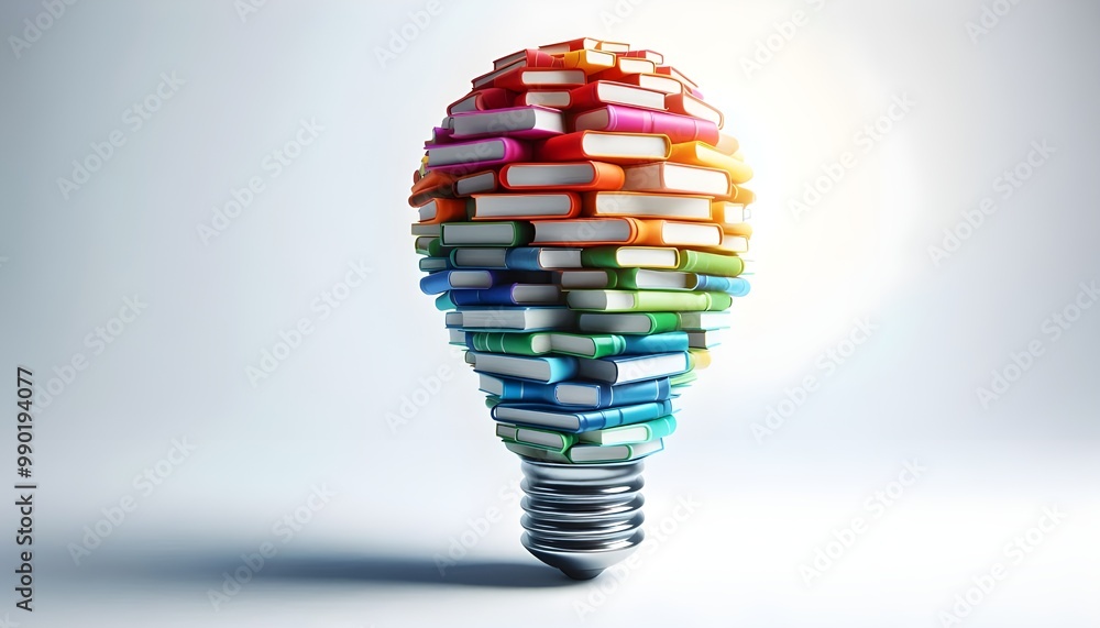 Stack of colorful books forming a light bulb shape on white background ...