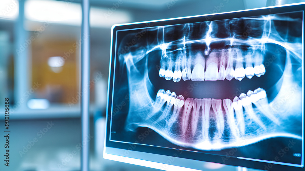 Medical xray and illustration of teeth in mouth for wisdom tooth growth ...