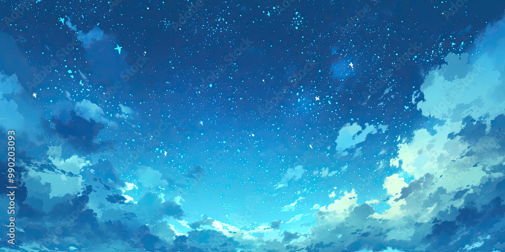 Blue hour anime sky background, stars cartoon style blue skies white ...