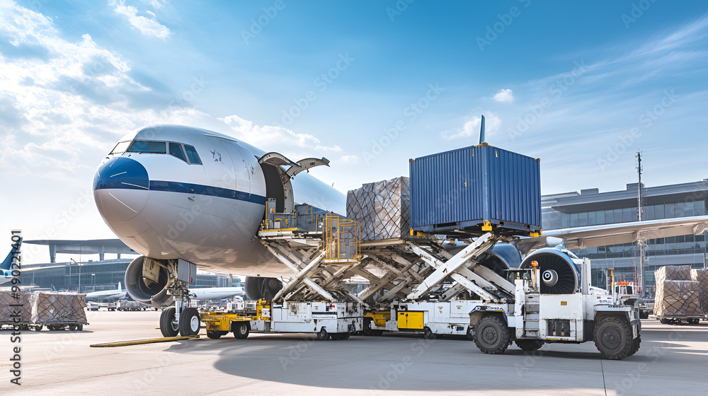 Air cargo plane logistic containers are loaded onto an airplane. Air ...