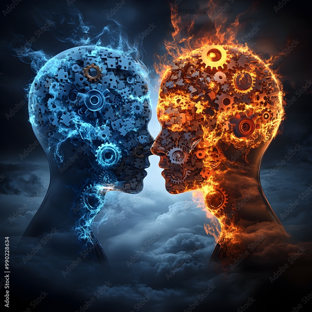 Two heads facing each other, one filled with gears, the other with ...