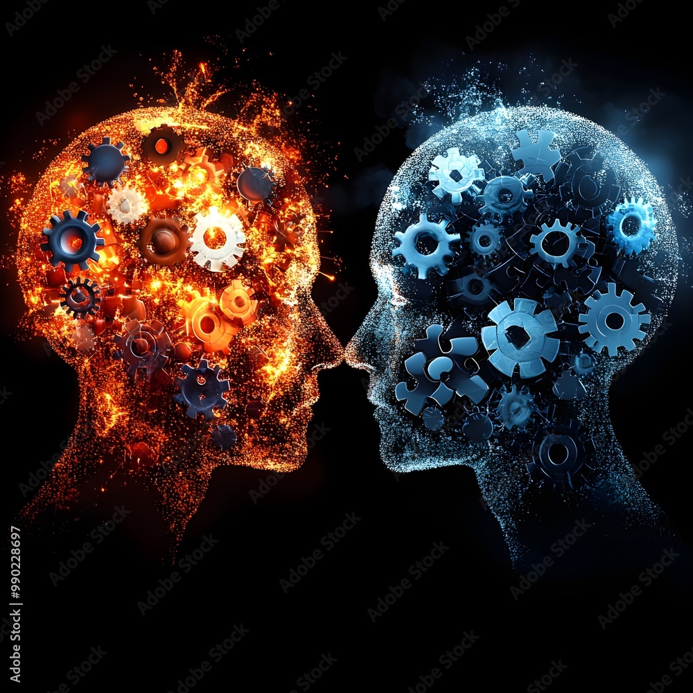 Two heads facing each other, one filled with gears, the other with ...